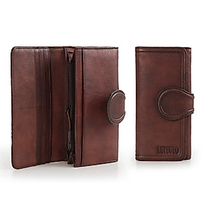 LETEULO Womens Wallet Leather Card Holder Designer Clutch Wallet Purse with Zipper Pocket (Coffee)