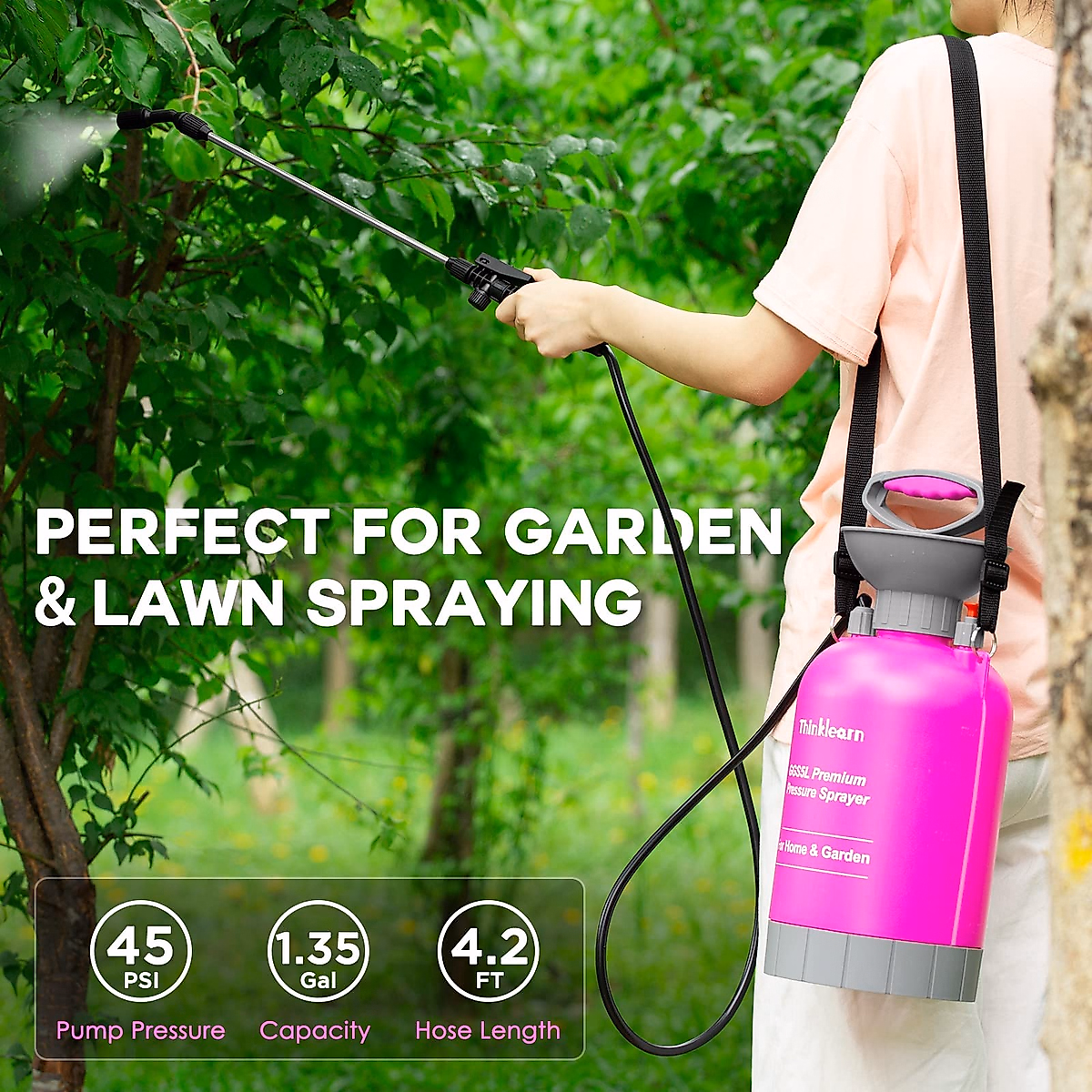 Pump Sprayer Set 1.35 Gallon, ThinkLearn Pressure Sprayer in Lawn & Garden, with Gloves, Measuring Cup and Spare Parts, Portable Hand Sprayer for Yard, Plant Water and Cleaning, 5L Pink
