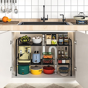 Finneya Under Sink Organizers,Expandable Cabinet Shelf Organizer 2 Tier Under Storage Rack with Removable Panels,Multi-Use for Under Kitchen Bathroom Sink Organizers and Storage