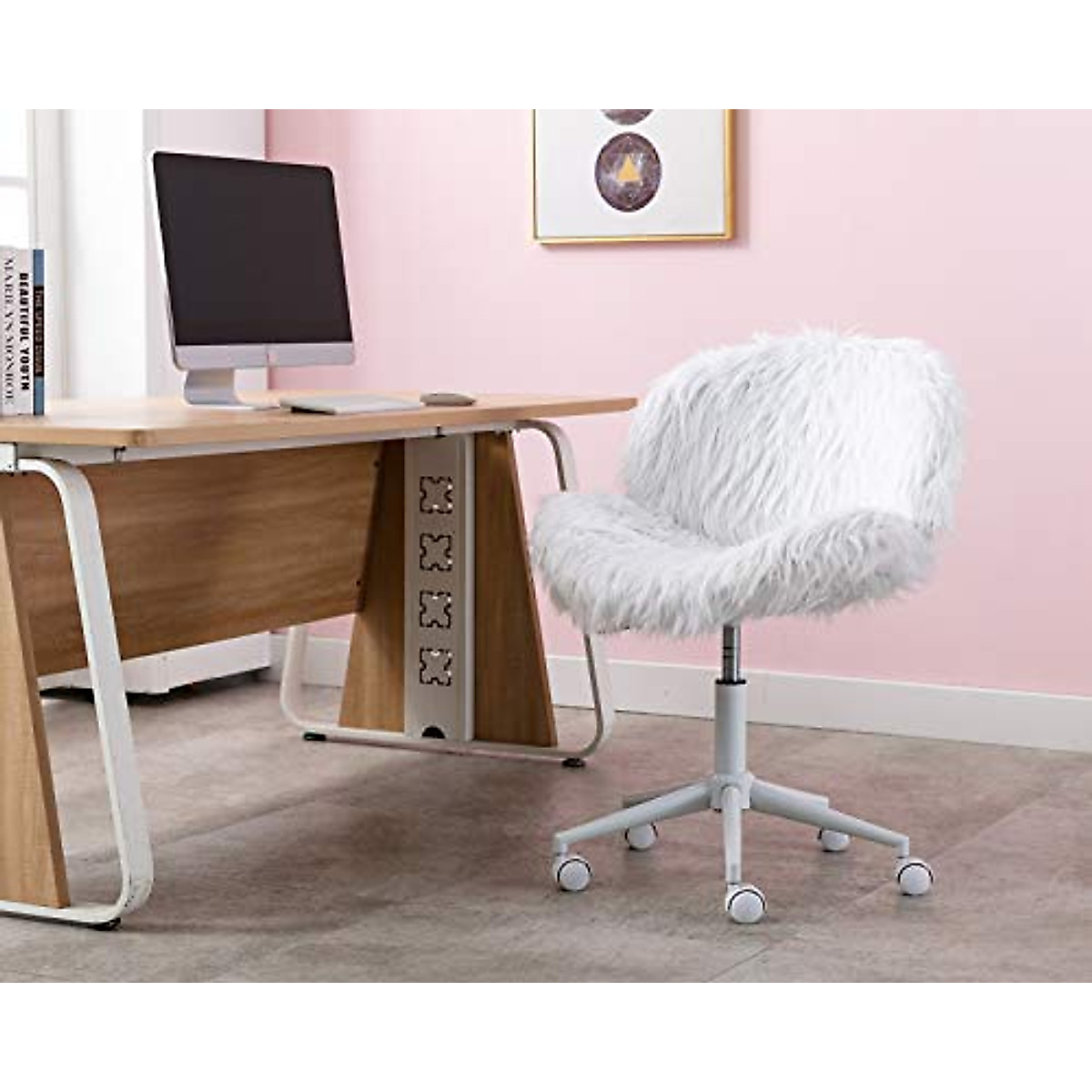 White Vanity Chair Faux Fur Swivel Desk Chair Cute Fluffy Armless Office Chair Rolling Makeup Chairs for Teens Bedroom Study Room, Height Adjustable
