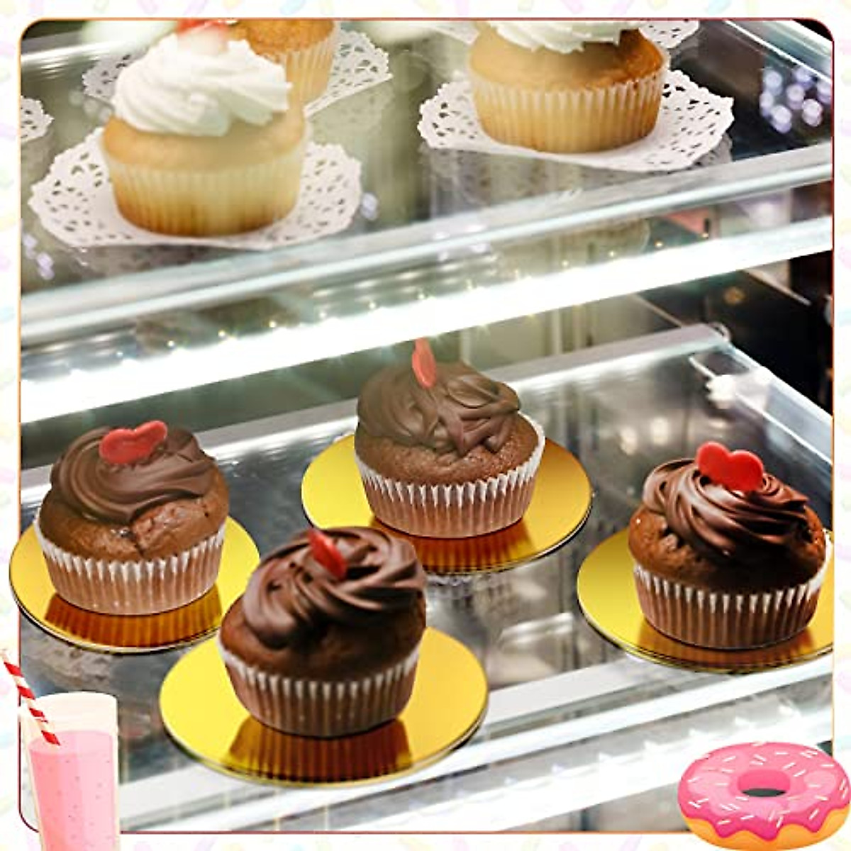 Honeydak 50 Pack Golden Cake Base Grease Proof Circle Plate Cardboard Rounds Mini Boards Laminated Mousse 4 Inch for Kitchen Baking Caking Pizza Dessert Cupcake Tiered Tray Display