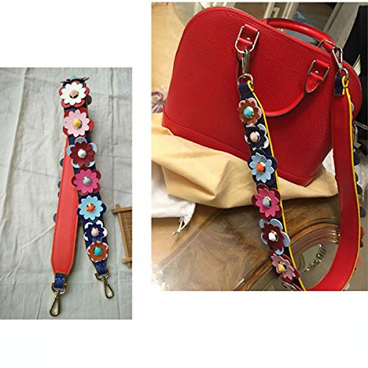 Cowhide Leather Flower Replacement Interchangeable Shoulder Strap with Swivel Hook for Handbags Purse Bags (Drak Blue with Red-Mix Flower-Gold Buckle)