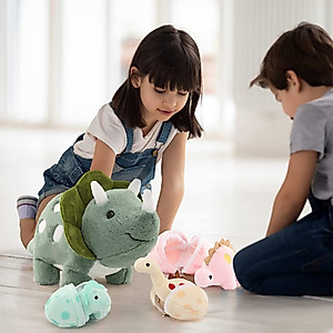 Karister 17.6in Plush Dinosaur Stuffed Animals,A Mommy Dinosaur with 3 Baby Dinosaurs,Triceratops, Tyrannosaurus Rex and Diplodocus.