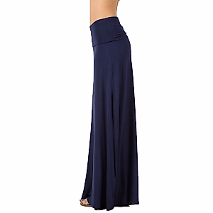 ShezPretty Women's Premium Fold Over High Waist Long Floor Length Maxi Skirt (Medium, Navy)