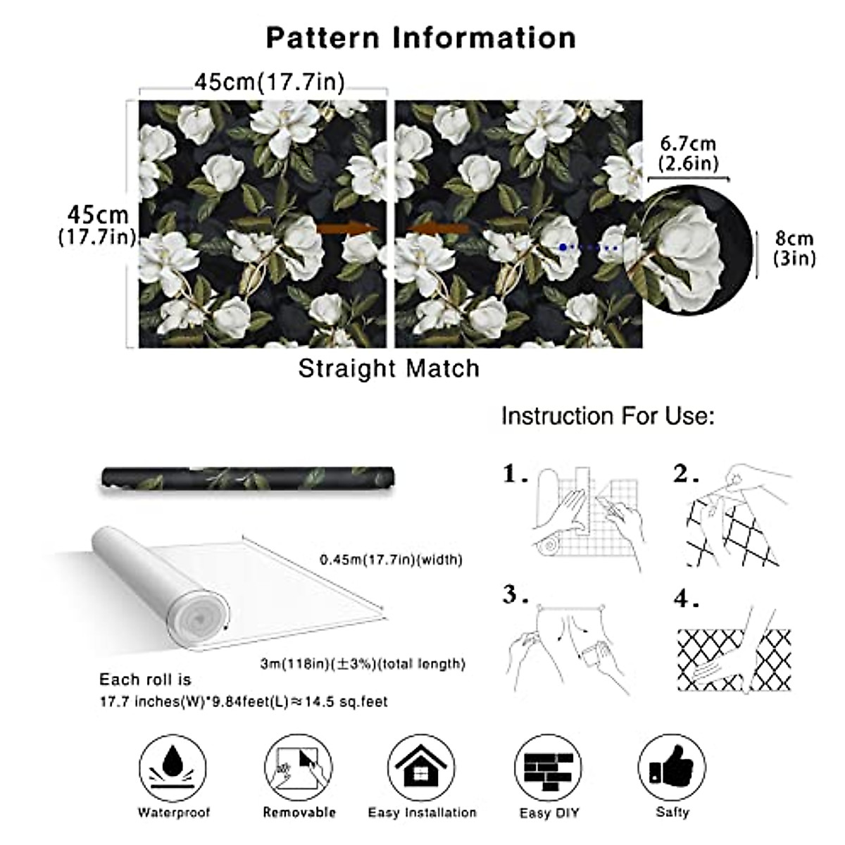 HAOKHOME 93169-1 Peel and Stick Gardenia Floral Wallpaper Removable Black/White/Green Vinyl Self Adhesive Mural 17.7in x 9.8ft