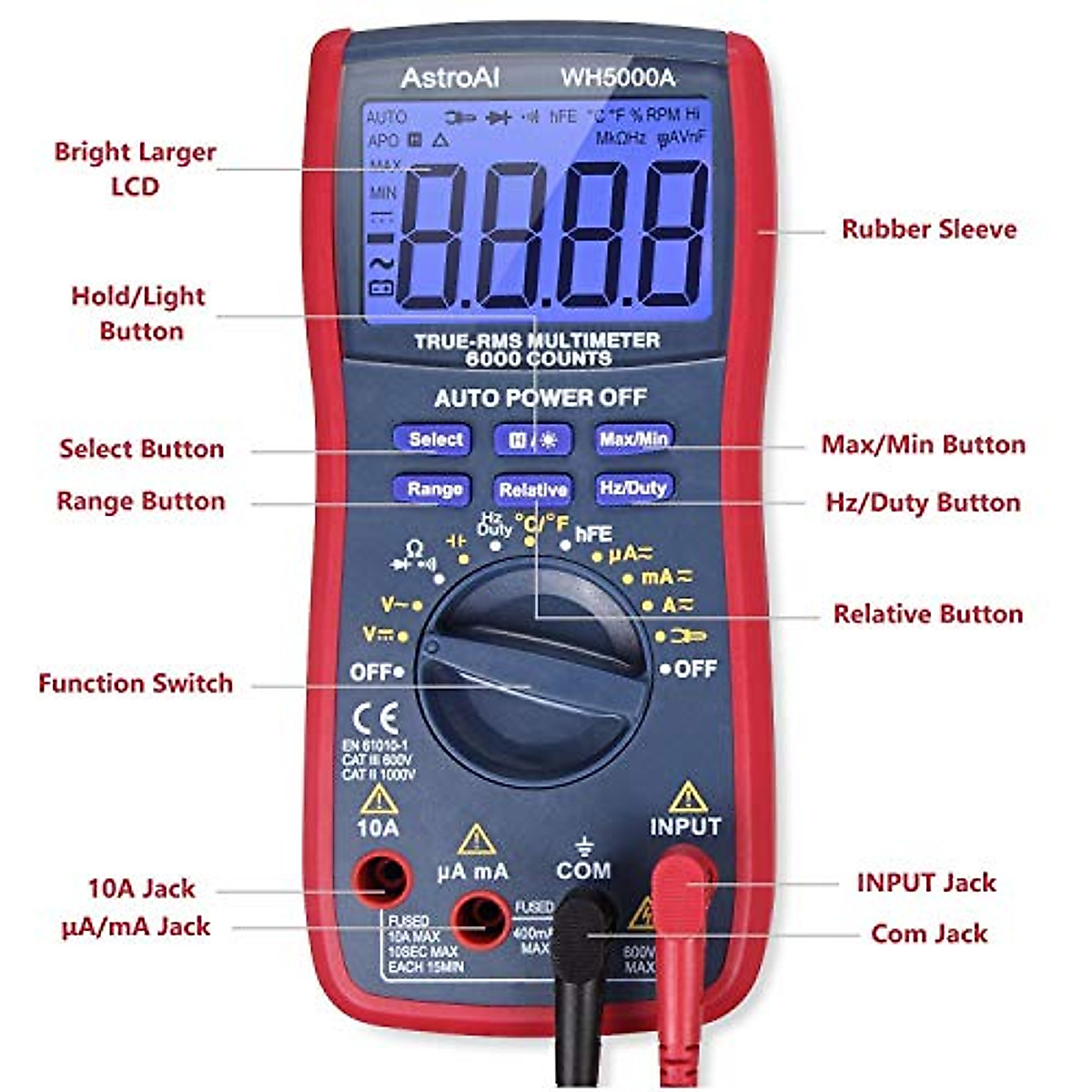 AstroAI Digital Multimeter, TRMS 6000 Counts Volt Meter Manual and Auto Ranging; Measures Voltage Tester, Current, Resistance, Continuity, Frequency; Tests Diodes, Transistors (Renewed)