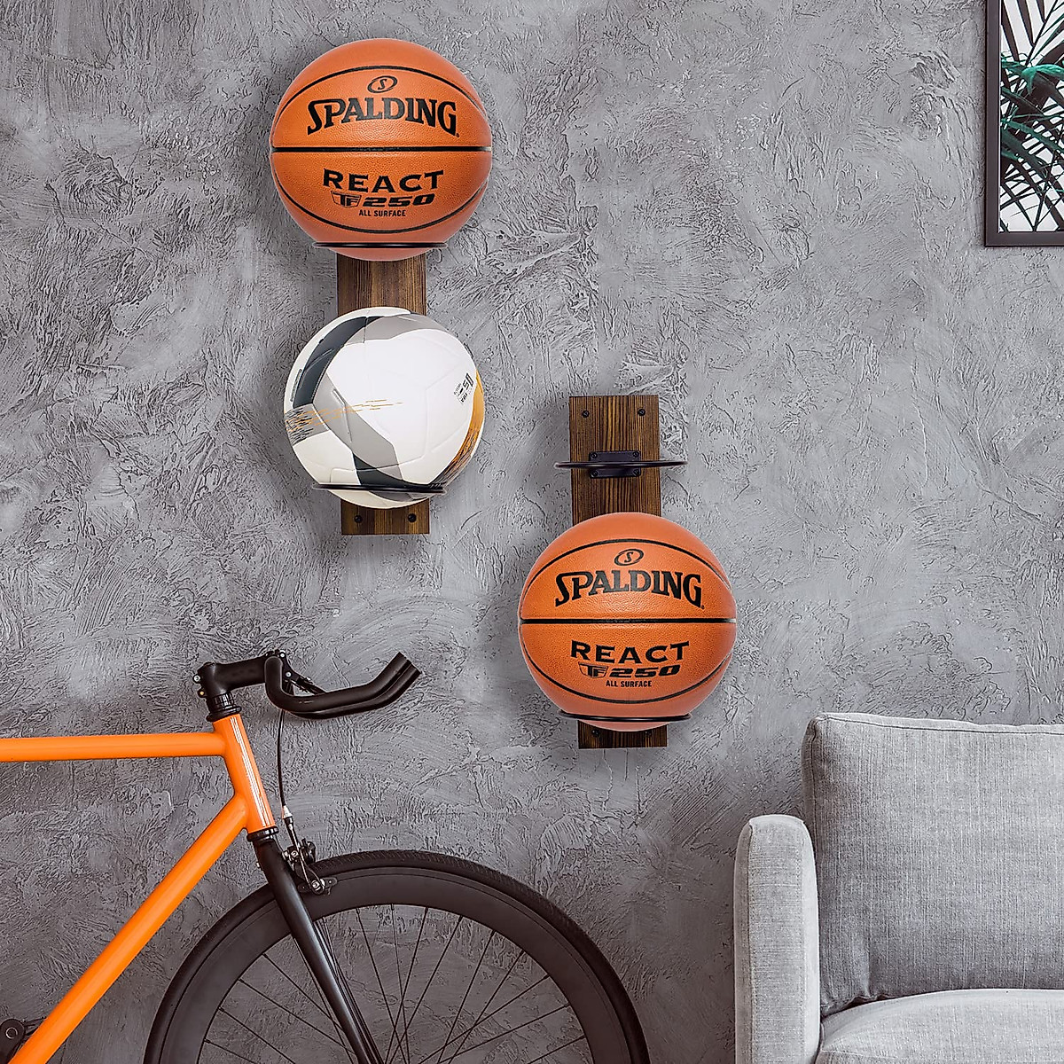 MyGift 4-Ball Rustic Burnt Wood and Round Black Metal Wall Mounted 2-Tier Multi Sports Ball Holder Display Rack for Basketballs, Soccer Balls, Volleyballs, Medicine Balls, Set of 2