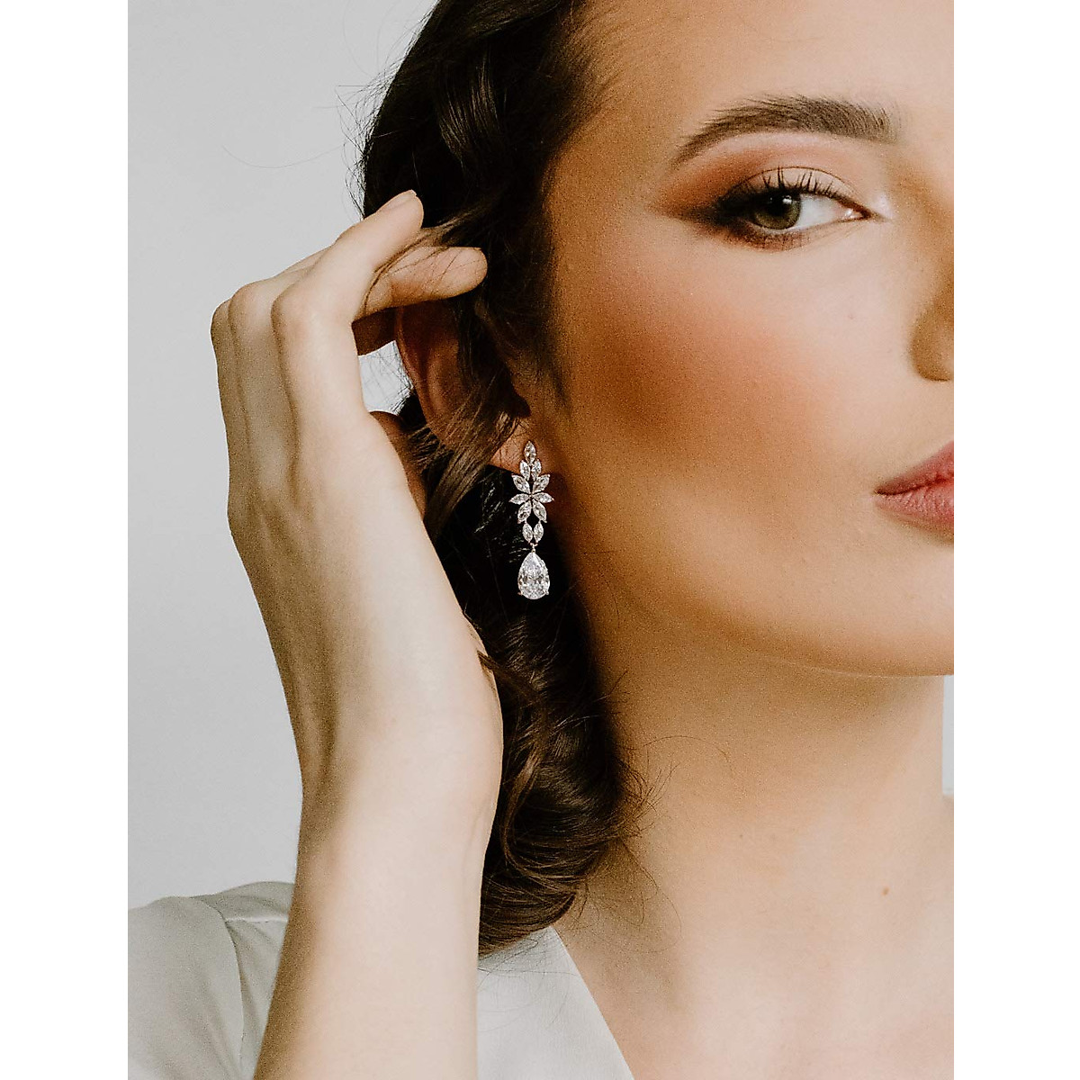 SWEETV Marquise Wedding Earrings for Women Brides Birdesmaids, Silver Crystal Cubic Zirconia Bridal Drop Earrings for Wedding Prom Jewelry