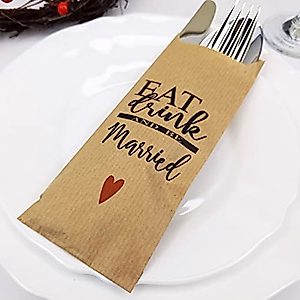 Eat Drink and Be Married Paper Silverware Bags - Utensil Holders For Wedding Rehearsal Dinner or Engagement Barbeque - Silverware Holder Bag - Pocket Sleeves - Flat 2.8" x 7.5" - Pack of 50