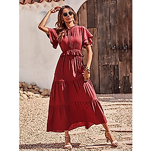 PRETTYGARDEN Womens Summer Boho Maxi Dress Short Sleeve V Neck Ruffle Trim High Waisted Tiered Party Flowy Long Dresses 2023 (Red, X-Large)