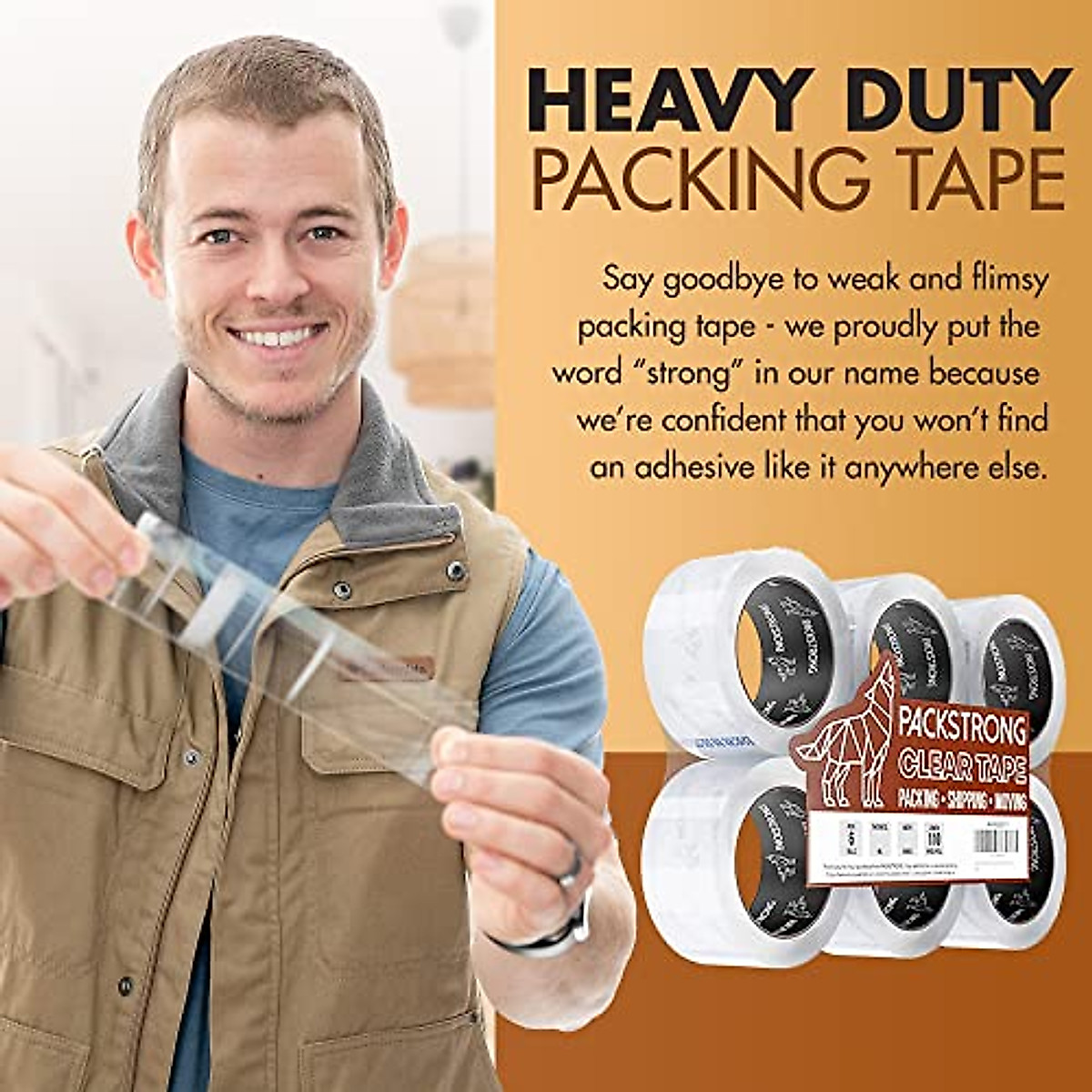 Packstrong Industrial Grade Clear Packing Tape (6 Rolls) - 110 Yards per Roll - 3" Wide x 2.0 mil Thick, Acrylic Adhesive Heavy Duty Tape for Box Office Moving Packaging Shipping