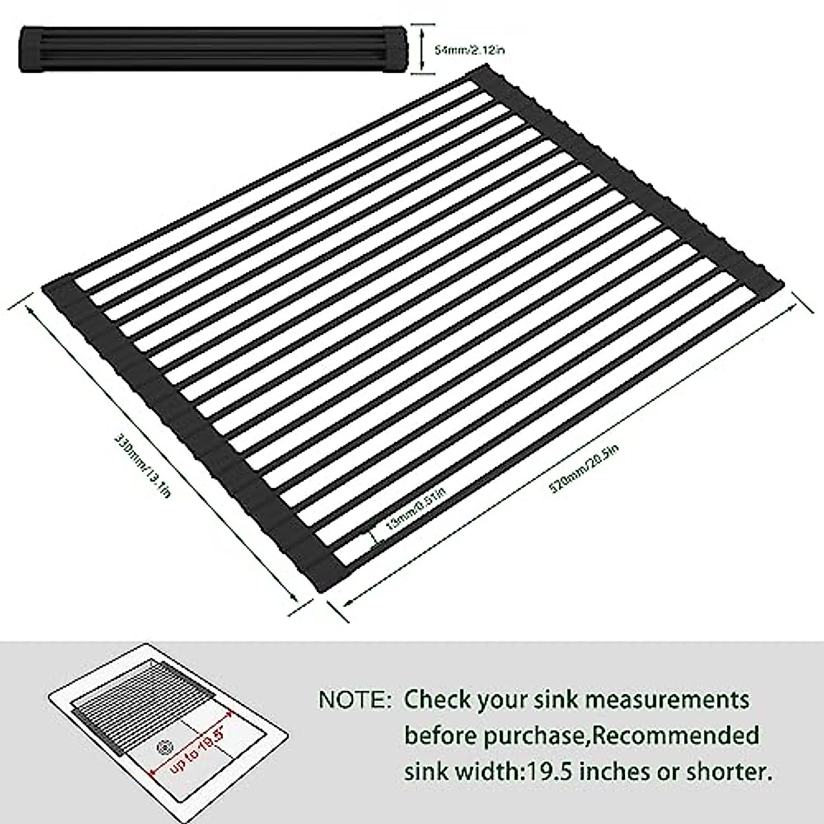 HANZENMA Roll Up Dish Drying Rack Over The Sink Kitchen Roll Up Sink Drying Rack Multipurpose Foldable Sink Drying Mat, Heat-Resistant, Anti-Slip & Anti-Rust Dish Rack for Kitchen, 20.5" x 13", Black