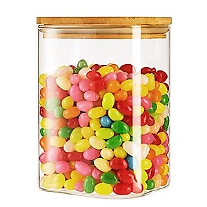 Diamond Star Airtight Glass Jar with Bamboo Wood Lid Kitchen Food Canisters Glass Storage Container for Pantry(Square(4" X 5.7"))