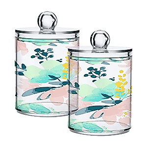 Watercolour Floral Apothecary Jars with Lids, 2 Pack Qtip Holder Dispenser Cotton Ball, Cotton Swab, Floss - 14 oz Clear Plastic Countertop Canister for Bathroom Organizer and Storage Containers