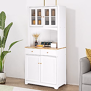 VINGLI Buffet Cabinet with Hutch Kitchen Pantry Storage Cabinet White Sideboard for Kitchen Storage Microwave Cabinet with Storage, 4 Doors, 2 Adjustable Shelves & 2 Drawers