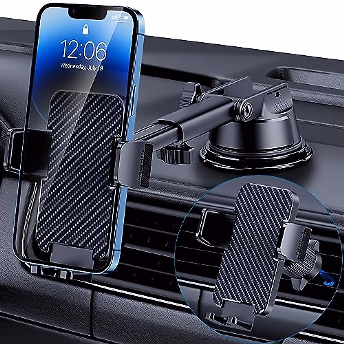 Phone Holder Car [Military Grade Suction Ultra Strong Base] Cell Phone Car Holder 3 in 1 Phone Mount for Car Dashboard Windshield Air Vent Hands-Free Car Phone Holders for iPhone Android Phones