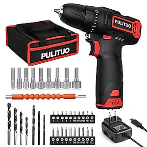 PULITUO Cordless Drill/Driver Kit, Power drill Set with 35N.m Torque, 20+1 Clutch, 3/8" Keyless Chuck, 2-Variable Speed-12V Electric Drill Driver for Wood Bricks Walls Metal