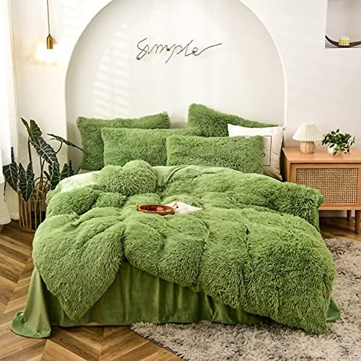 Gusuhome Fluffy Duvet Cover Set Full Size Green Ultra Soft Shaggy Fluffy Comforter Cover Set Fuzzy Quilt Cover Set Bedding Set 3Pcs (1Duvet Cover + 2Pillow Shams) with Zipper Closure Avocado Green