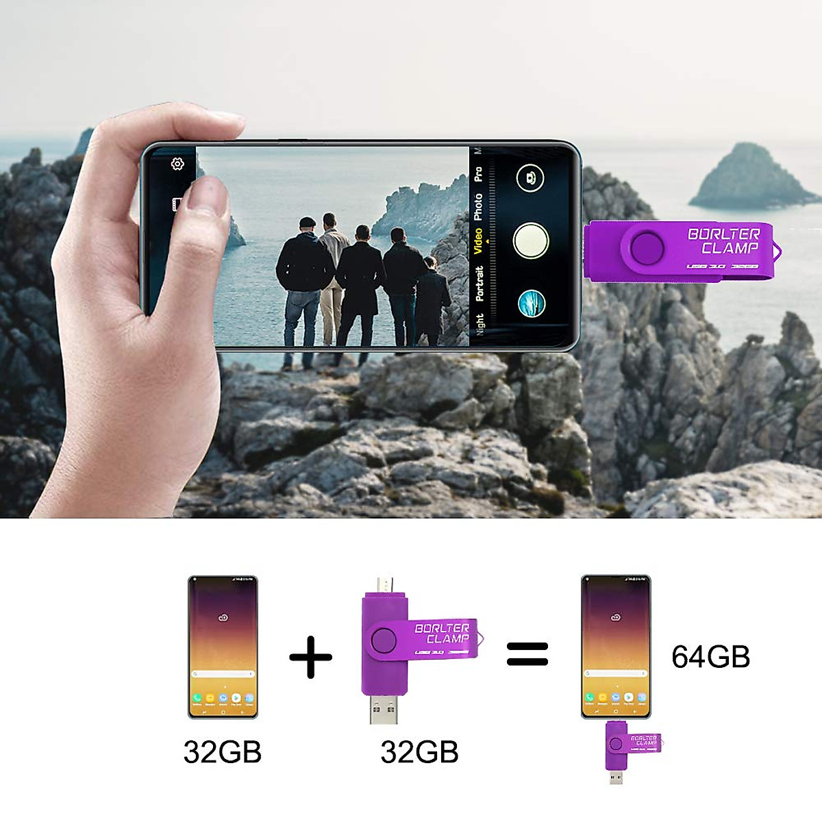 BorlterClamp 32GB USB 3.0 Flash Drive Dual Port Memory Stick, OTG Thumb Drive with Micro USB Drive Port for Android Smartphone Tablet & Computer (Purple)