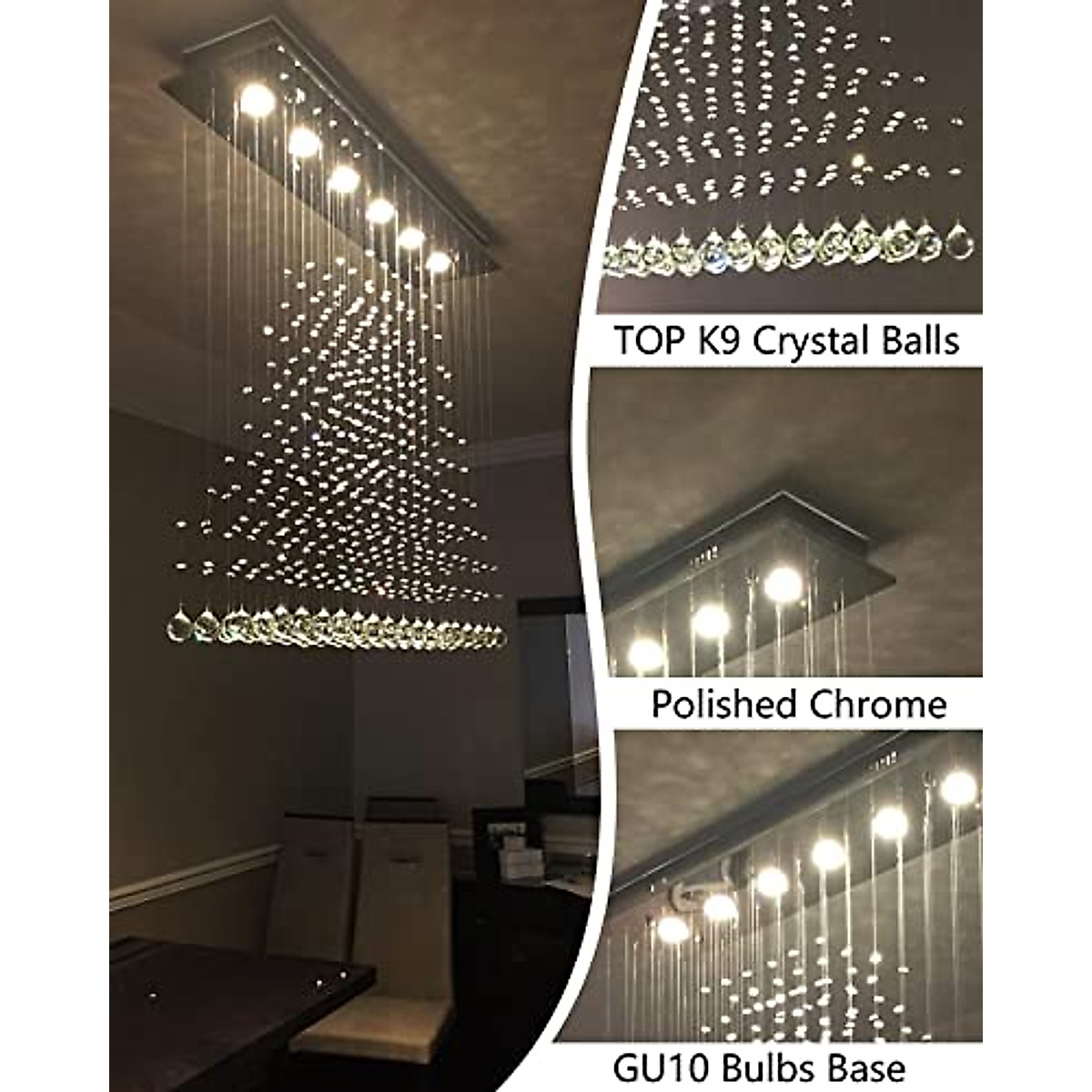 7PM Rectangle Chandeliers for Dining Room, 6-Light Modern K9 Crystal Chandeliers, Raindrop Chandeliers, Dimmable, Adjustable Color Temperature, Pendant Lights for Kitchen Island, L40 x W10 x H40