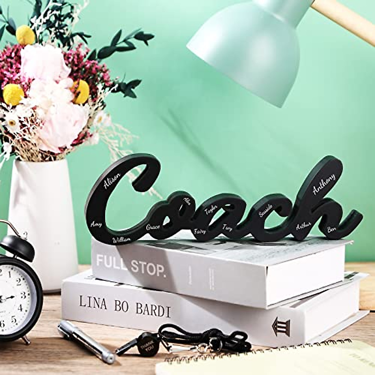 Yalikop 3 Pieces Coach Gifts, Coach Wood Sign, Coach Pen, Whistles with Lanyard, Coach Whistle, Wooden Letters Sign for Christmas Gift Men Women Referees Sports Coach Home Office Sports Decorations (Black Sign)