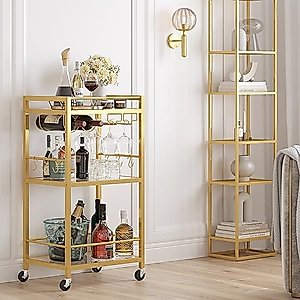 TUTOTAK Bar Cart, Home Bar Serving Cart with 3-Tier Mirrored Shelf, Microwave Cart, Drink Cart, Mobile Kitchen Shelf with Wine Rack, Rolling Beverage Cart, Gold BC01BB033
