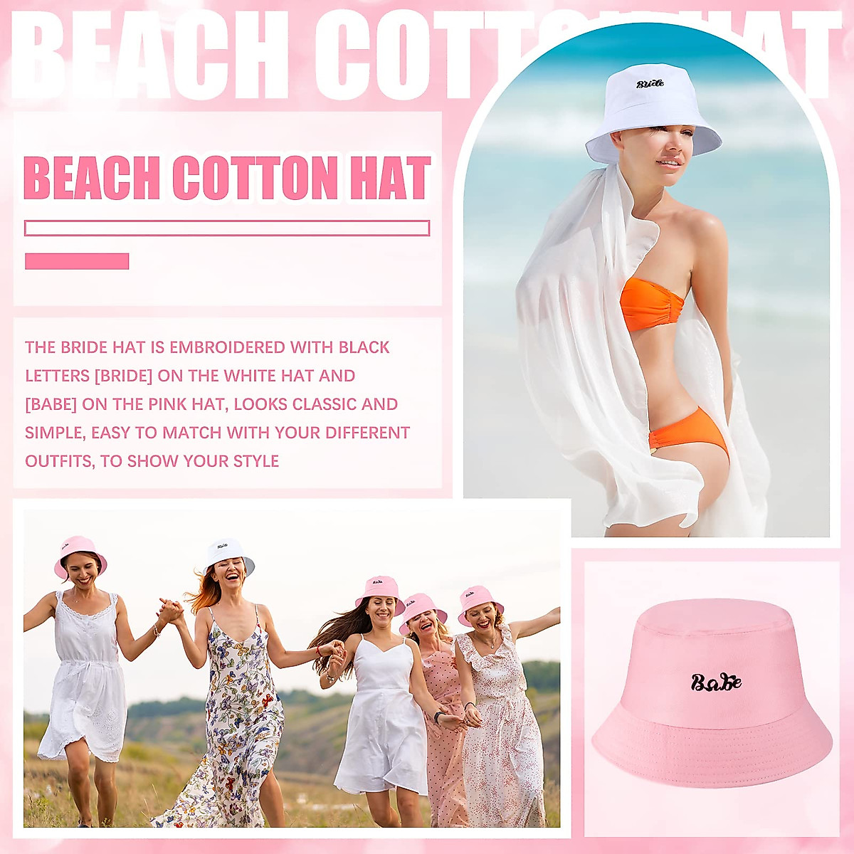 Retisee Bachelorette Bucket Hats Bride to Be Hat Bridesmaid Babe Hats Bachelorette Gifts Party Decorations(12 Pcs) White, Pink