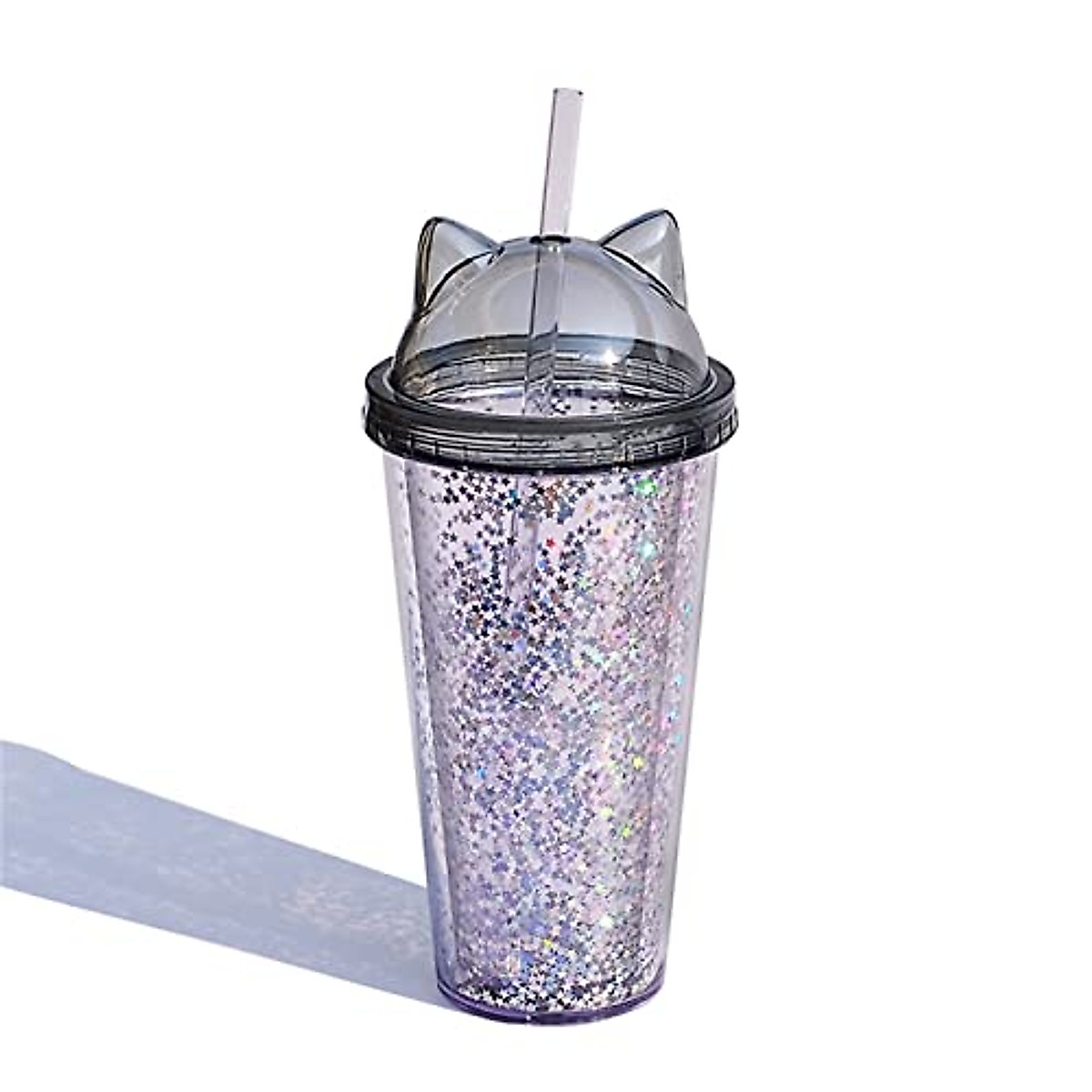 HOVTOIL 420ml Kawaii Water Bottle with Lids and Straws, Glitter Double Wall Drinking Cup, Lovely Cat Ear Water Bottles for Girls Boys School Office Travel Black