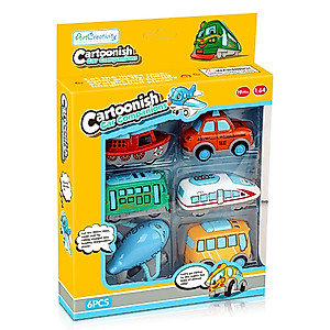 ArtCreativity Metal Cartoon Car Set - Set of 6 Mini Pullback Toy Cars - Pullback Train, Bus, Taxi, Tram, Plane and Ship - Party Favors, Best Birthday Gift for Boys, Girls, Toddlers