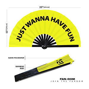 Just Wanna Have Fun hand fan foldable bamboo circuit hand fan funny gag slang words expressions statement gifts Festival accessories Rave handheld Circuit event fan Clack fans (Yellow)