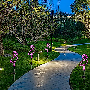 Solar Pink Flamingo Yard Ornaments w/Stakes, Solar Landscape Lights Outdoor Waterproof Neon Strip for Garden Pathway Patio Lawn Flowerbed Beach Party Wedding, 30" Tall (2 Pack)