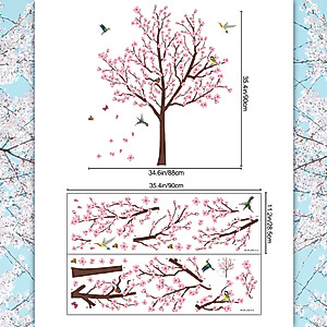 2 Sheets Removable Pink Peach Tree Wall Decals Cherry Blossom Trees Wall Stickers Birds Butterfly Wall Decal Home Art Decor for Kids Girls Babys Bedroom Nursery Room Living Room Decorations (A)