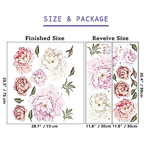 Watercolor Peony Flowers Wall Decals Floral Wall Stickers for Living Room, Delicate White & Pink Flowers Wall Posters Vinyl Blossom Art Applique for Bedroom Girls Room