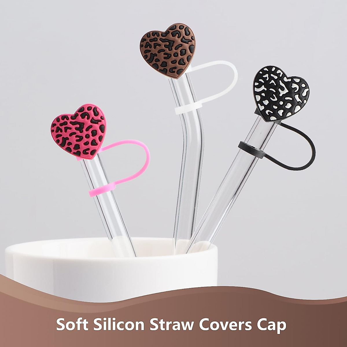 3Pcs Leopard Print Heart Silicone Straw Cover Cap for Stanley 40oz & 30oz Tumbler, 10mm Reusable Cute Drinking Straw Topper Accessories