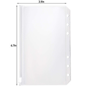 WUWEOT 50 Pack Binder Pockets A6 Size 6 Holes Zipper Binder Pouch Folders, Waterproof Zipper Loose Leaf Bags Clear Plastic Binder Envelopes for Documents Notebooks Cards