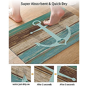 Gogobebe Super Absorbent Diatom Mud Mat Ocean Marine Theme Anchor on Turquoise Wooden Board Quick-Drying Thin Bath Mat Non-Slip Bathtub Mat Anti-Skid Rubber Bathroom Shower Mat 16x24in