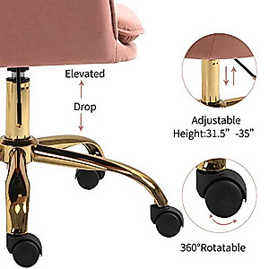 HOMHUM Desk Chairs with Wheels, Home Office Chair Mid-Back Velvet Office Chair Adjustable Cute Chair with Side Arms and Gold Metal Base for Living Room, Bedroom, Home Office, and Vanity Room (Pink)