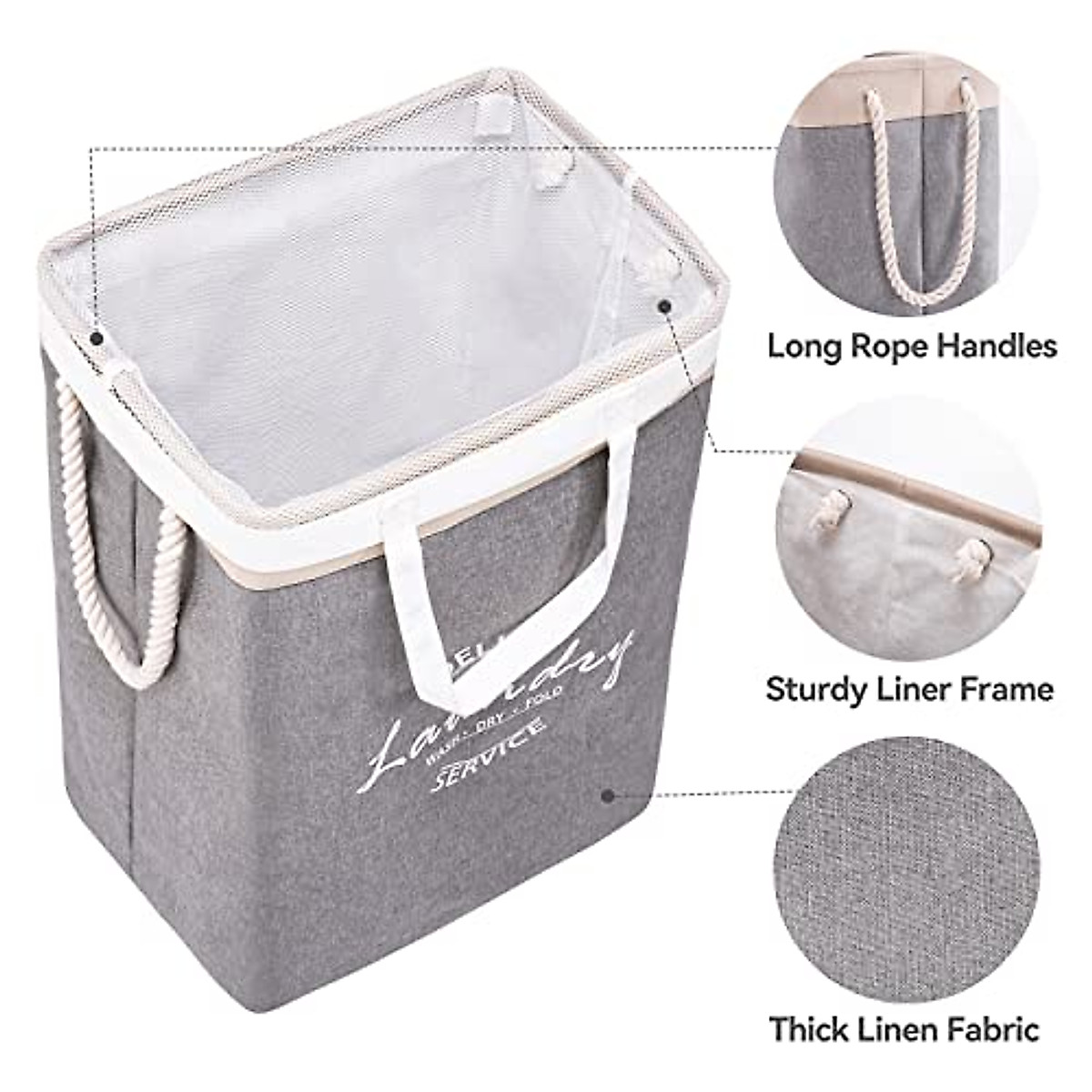 TECHMILLY 72L Large Laundry Hamper with Removable Bag, Collapsible Laundry Basket with Rope Handles, Dirty Clothes Hamper for Bedroom, Living Room, Clothes Toys Organizer, Grey