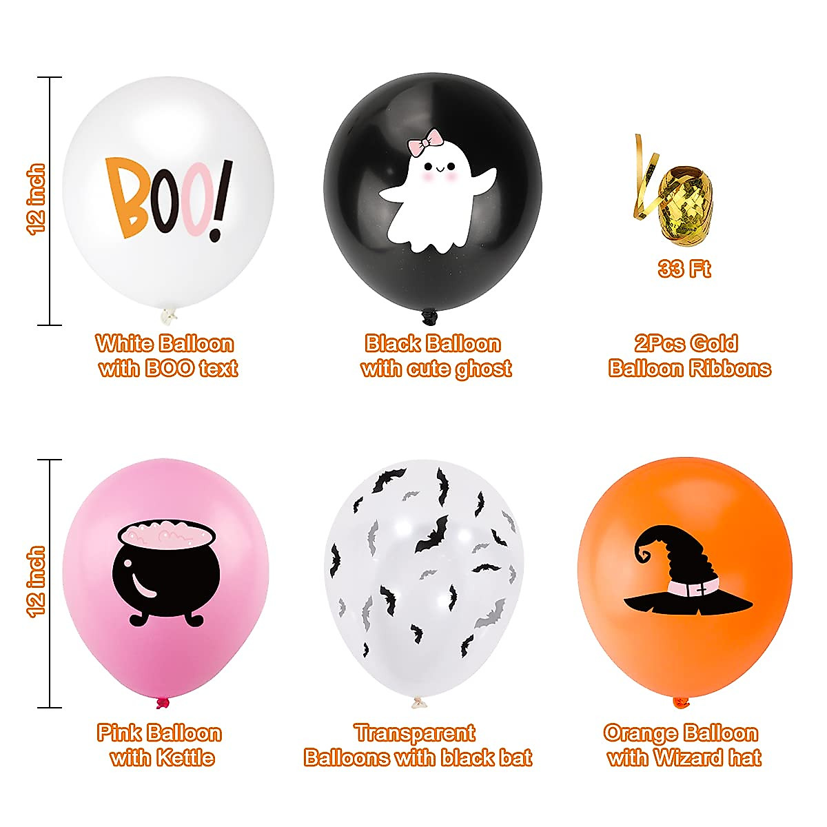 50Pcs Halloween Balloons, Halloween Pink Orange Black White Latex Balloons with Cute Ghost,Wizard hat,Black Bat Design for Halloween Party Favors,Little Boo Baby Shower,Halloween Birthday Party Decor