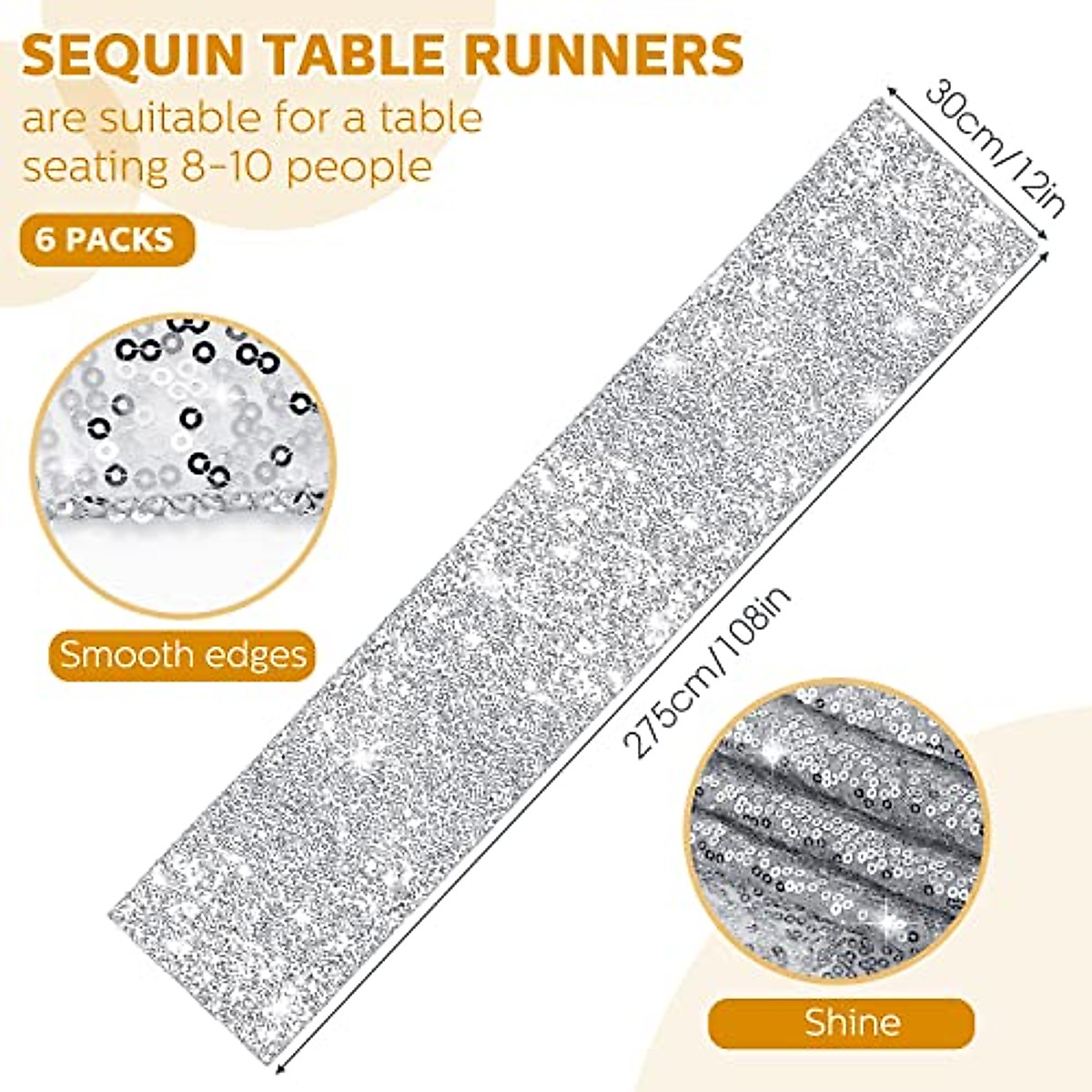 6 Pieces 12 x 108 Inches Sequin Table Runner Glitter Sequin Rectangular Table Runner Cloth for Birthday Wedding Baby Shower Bachelorette Holiday Celebration Party Decorations (Silver)