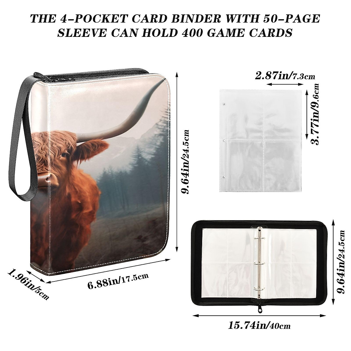 PYBUG Highland Cow Trading Card Binder with Nylon Strap 4-Pocket Waterproof PU Leather Card Collection Binder for 400 Cards Sturdy Card Holder Folders for Game Cards,Sports Cards
