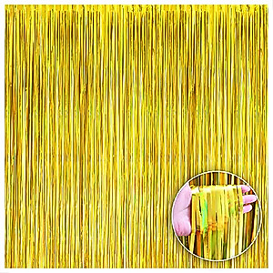 KatchOn, Holographic Gold Fringe Curtain Backdrop - XtraLarge, 3.25x8 Feet | Shiny Gold Backdrop Curtains for Parties | Gold Streamers Backdrop, Gold Foil Curtain for Gold Streamers Party Decorations