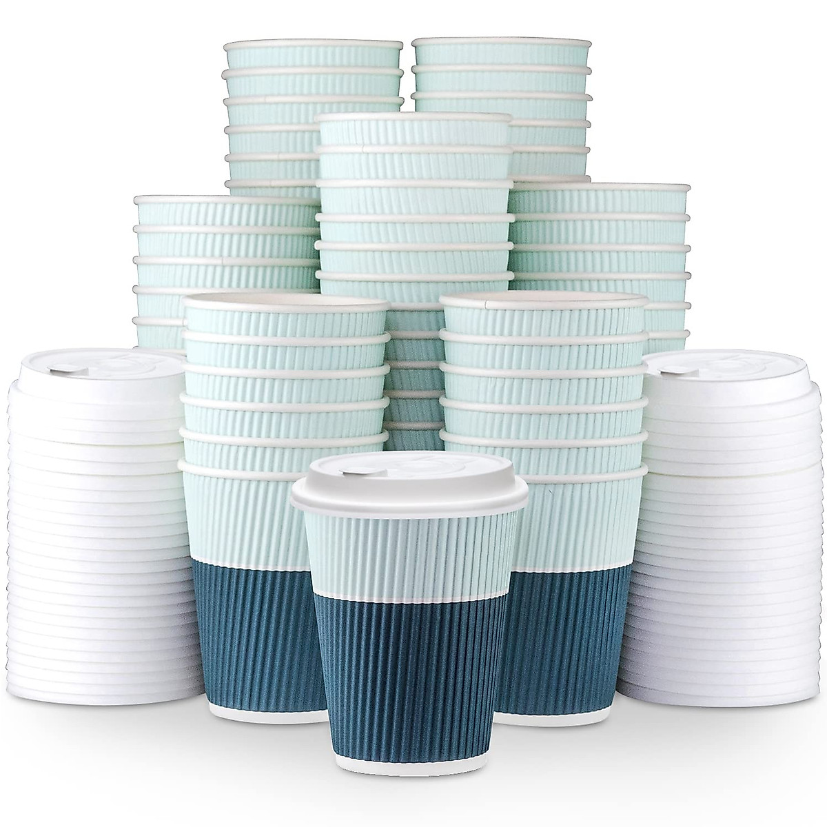 Glowcoast Disposable Coffee Cups With Lids - 12 oz To Go Coffee Cups (80 Set) With Sturdy Lids Prevent Leaks! Paper Hot Cup Holds Shape With Hot, Cold Drinks. Ripple Cups Protect Fingers from Heat!
