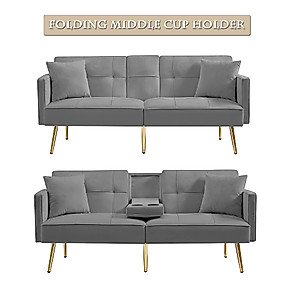 SEVENWOOD Velvet Futon Sofa Bed with Cup Holder,Velvet Small Loveseat Sleeper Bed, Modern Folding Sleeper Couch with 2 Pillows and 6 Gold Metal Legs for Living Room. (Grey)
