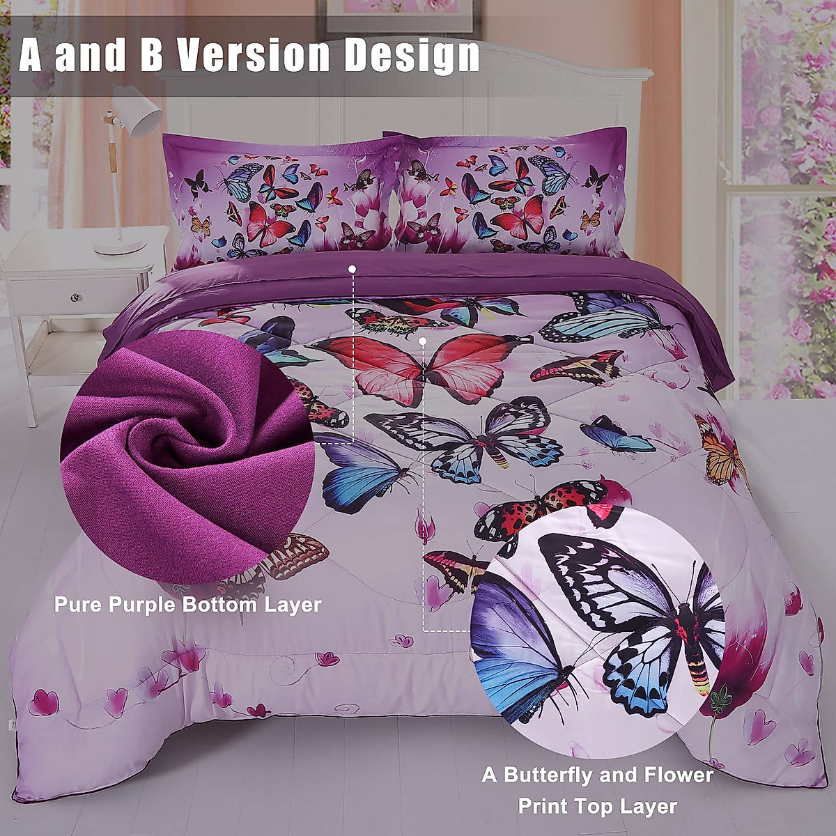 ENCOFT Purple Butterfly Comforter Sets Full Size 3 Pieces, Girls Teen Kids Quilted Bedspread Comforter Bedding Sets, Butterfly Bedding Sets Full