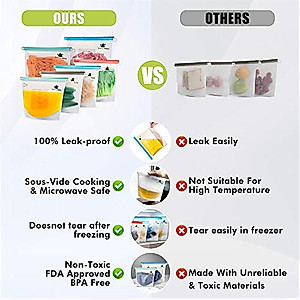 Reusable Silicone Food Storage Bags 6 Pcs [2x1.5L+4x1L] With Separate Hermetic Lid - Leak Proof Freezer Zip Lock Bags For Snack/Sandwich/Fruit/Meat/Cereal – White