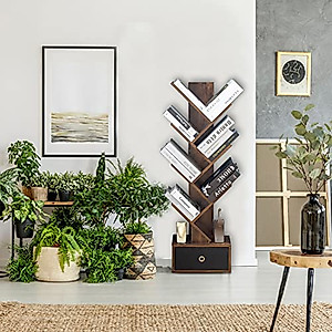 LAZYLAND Brown Bookshelf with Drawer, 6-Tier Floor Standing Tree Bookshelf, for CDs/Movies/Books, Utility Organizer Shelves for Home Office, Bedroom, Living Room