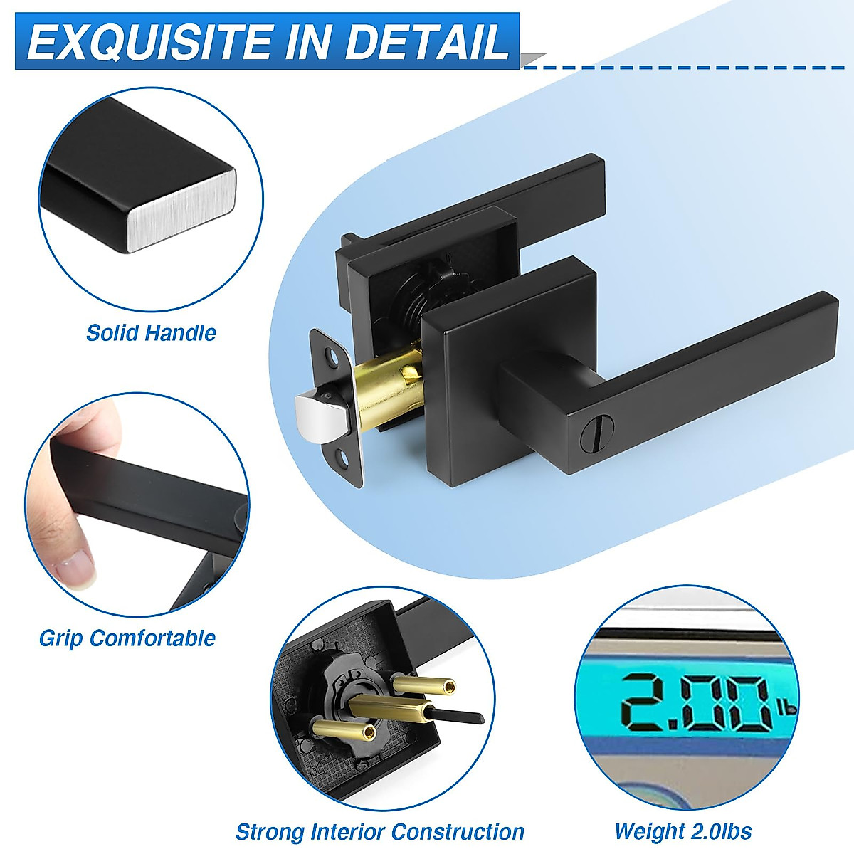 Plustool 6 Pack Matte Black Door Handles, Keyless Interior Door Knobs, Privacy Door Lever Locksets for Bedroom Bathroom, Heavy Duty Square Door Lock (2.0lb), Reversible for Left&Right Handled Doors