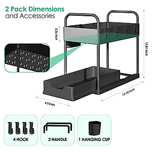 2 Tier Under Sink Organizers and Storage, 2 Pack Sliding Under Bathroom Cabinet Storage Drawer Organizer with Storage Drawer with 8 Hooks and 2 Hanging Cups, Multi-purpose Under Sink Organizer, Black