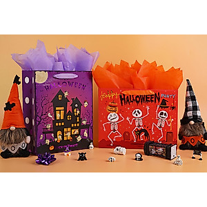 Jaywayang 2Pcs 12.6" Large Happy Halloween Paper Gift Bags with Card and Tissue Paper for Kids Halloween Presents Warpping, Holiday, Trick or Treat Party.